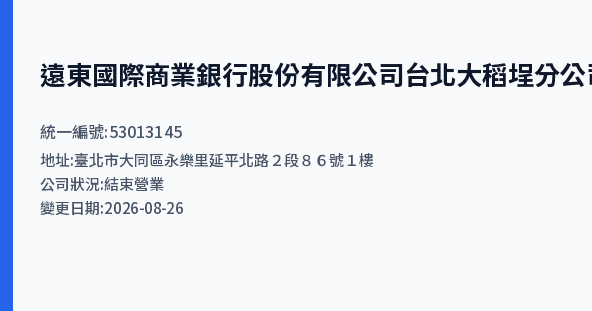 遠東國際商業銀行股份有限公司台北大稻埕分公司的照片-統編 53013145(臺北市) 公司登記資料與營業項目詳細圖表