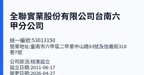 全聯實業股份有限公司台南六甲分公司的照片-統編 53013150(臺南市) 公司登記資料與營業項目詳細圖表