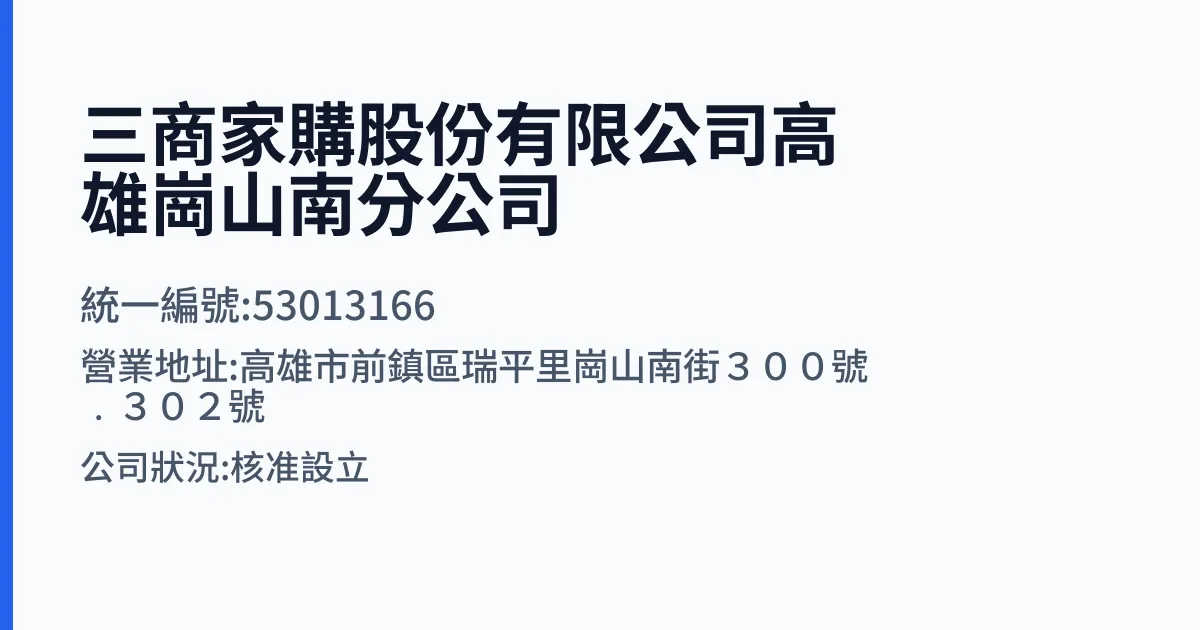 三商家購股份有限公司高雄崗山南分公司 - 統編 53013166(高雄市) 公司登記資料與營業項目詳細圖表
