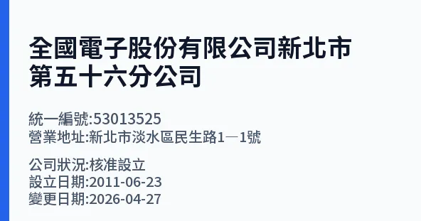 全國電子股份有限公司新北市第五十六分公司的照片-統編 53013525(新北市) 公司登記資料與營業項目詳細圖表