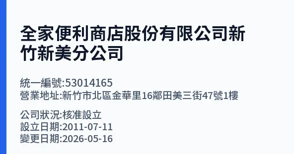 全家便利商店股份有限公司新竹新美分公司的照片-統編 53014165(新竹市) 公司登記資料與營業項目詳細圖表