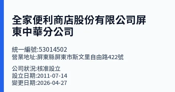 全家便利商店股份有限公司屏東中華分公司的照片-統編 53014502(屏東縣) 公司登記資料與營業項目詳細圖表