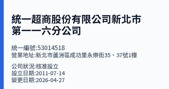 統一超商股份有限公司新北市第一一六分公司的照片-統編 53014518(新北市) 公司登記資料與營業項目詳細圖表