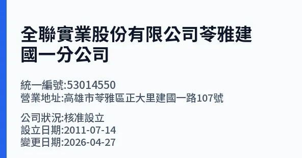 全聯實業股份有限公司苓雅建國一分公司的照片-統編 53014550(高雄市) 公司登記資料與營業項目詳細圖表