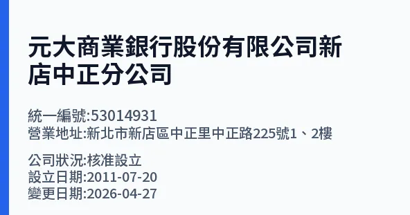 元大商業銀行股份有限公司新店中正分公司的照片-統編 53014931(新北市) 公司登記資料與營業項目詳細圖表