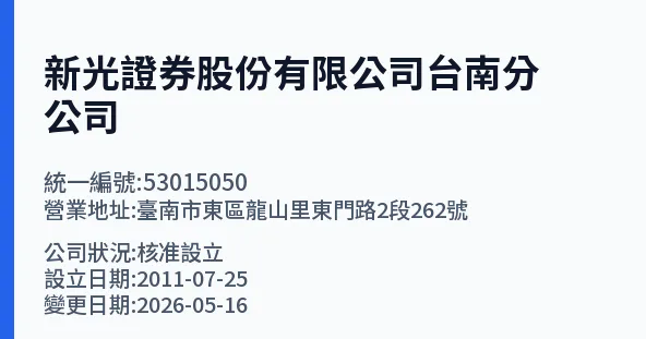 新光證券股份有限公司台南分公司的照片-統編 53015050(臺南市) 公司登記資料與營業項目詳細圖表