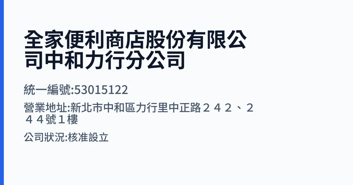 全家便利商店股份有限公司中和力行分公司 - 統編 53015122(新北市) 公司登記資料與營業項目詳細圖表