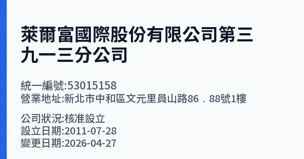 萊爾富國際股份有限公司第三九一三分公司的照片-統編 53015158(新北市) 公司登記資料與營業項目詳細圖表