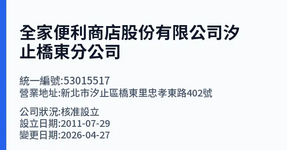 全家便利商店股份有限公司汐止橋東分公司的照片-統編 53015517(新北市) 公司登記資料與營業項目詳細圖表