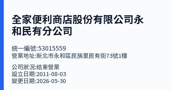全家便利商店股份有限公司永和民有分公司的照片-統編 53015559(新北市) 公司登記資料與營業項目詳細圖表