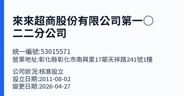 來來超商股份有限公司第一○二二分公司的照片-統編 53015571(彰化縣) 公司登記資料與營業項目詳細圖表