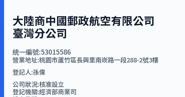大陸商中國郵政航空有限公司臺灣分公司的照片-統編 53015586(桃園市) 公司登記資料與營業項目詳細圖表