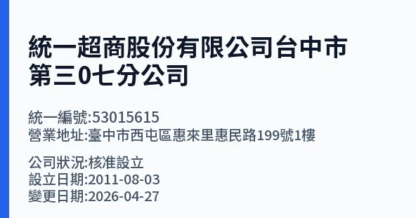 統一超商股份有限公司台中市第三0七分公司的照片-統編 53015615(臺中市) 公司登記資料與營業項目詳細圖表