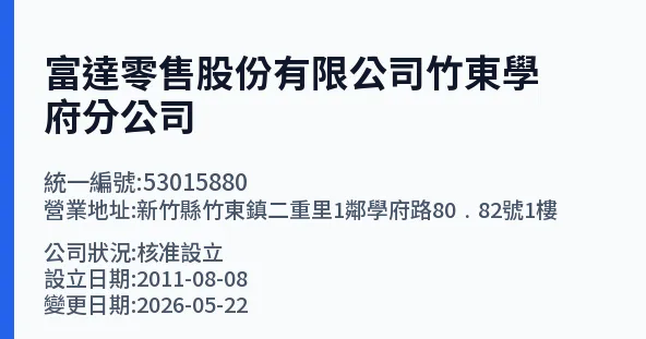 富達零售股份有限公司竹東學府分公司的照片-統編 53015880(新竹縣) 公司登記資料與營業項目詳細圖表