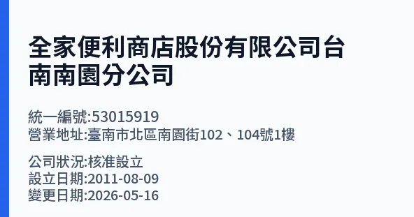 全家便利商店股份有限公司台南南園分公司的照片-統編 53015919(臺南市) 公司登記資料與營業項目詳細圖表