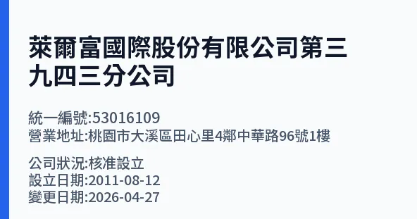 萊爾富國際股份有限公司第三九四三分公司的照片-統編 53016109(桃園市) 公司登記資料與營業項目詳細圖表