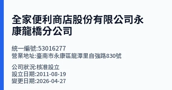 全家便利商店股份有限公司永康龍橋分公司的照片-統編 53016277(臺南市) 公司登記資料與營業項目詳細圖表