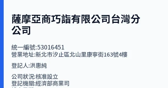 薩摩亞商巧詣有限公司台灣分公司的照片-統編 53016451(新北市) 公司登記資料與營業項目詳細圖表