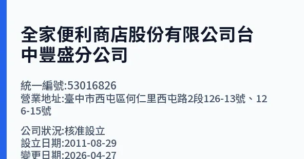 全家便利商店股份有限公司台中豐盛分公司的照片-統編 53016826(臺中市) 公司登記資料與營業項目詳細圖表