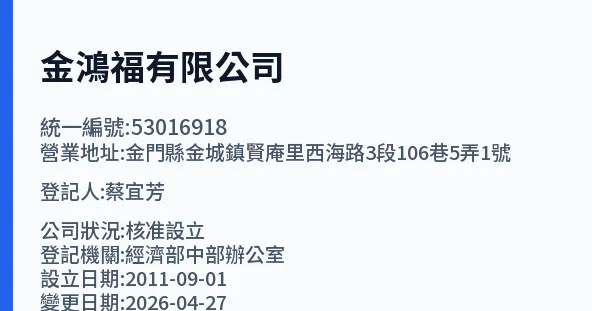 金鴻福有限公司的照片-統編 53016918(金門縣) 公司登記資料與營業項目詳細圖表