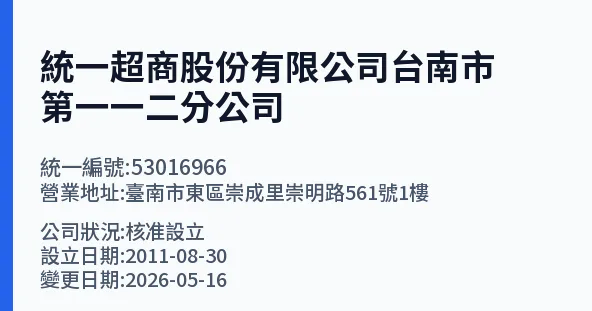 統一超商股份有限公司台南市第一一二分公司的照片-統編 53016966(臺南市) 公司登記資料與營業項目詳細圖表