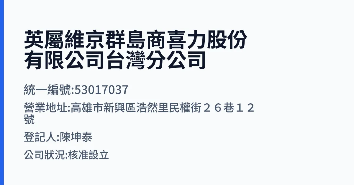 英屬維京群島商喜力股份有限公司台灣分公司 - 統編 53017037(高雄市) 公司登記資料與營業項目詳細圖表