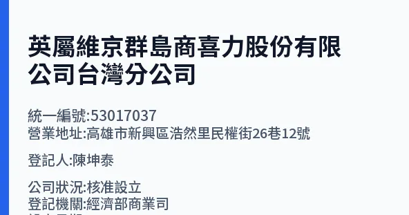 英屬維京群島商喜力股份有限公司台灣分公司的照片-統編 53017037(高雄市) 公司登記資料與營業項目詳細圖表