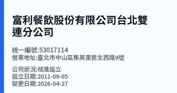 富利餐飲股份有限公司台北雙連分公司的照片-統編 53017114(臺北市) 公司登記資料與營業項目詳細圖表