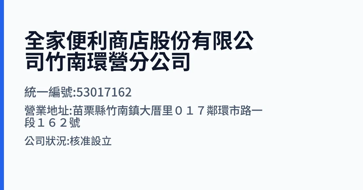 全家便利商店股份有限公司竹南環營分公司 - 統編 53017162(苗栗縣) 公司登記資料與營業項目詳細圖表