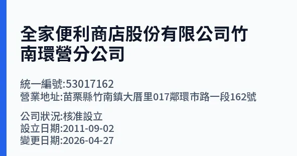 全家便利商店股份有限公司竹南環營分公司的照片-統編 53017162(苗栗縣) 公司登記資料與營業項目詳細圖表