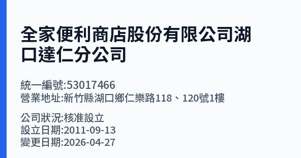 全家便利商店股份有限公司湖口達仁分公司的照片-統編 53017466(新竹縣) 公司登記資料與營業項目詳細圖表