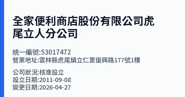 全家便利商店股份有限公司虎尾立人分公司的照片-統編 53017472(雲林縣) 公司登記資料與營業項目詳細圖表