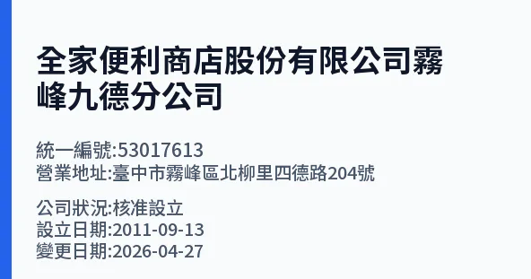 全家便利商店股份有限公司霧峰九德分公司的照片-統編 53017613(臺中市) 公司登記資料與營業項目詳細圖表