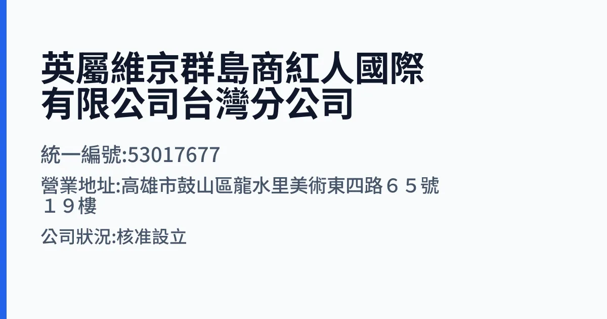 英屬維京群島商紅人國際有限公司台灣分公司 - 統編 53017677(高雄市) 公司登記資料與營業項目詳細圖表