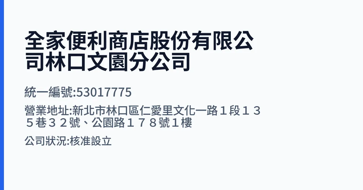 全家便利商店股份有限公司林口文園分公司 - 統編 53017775(新北市) 公司登記資料與營業項目詳細圖表