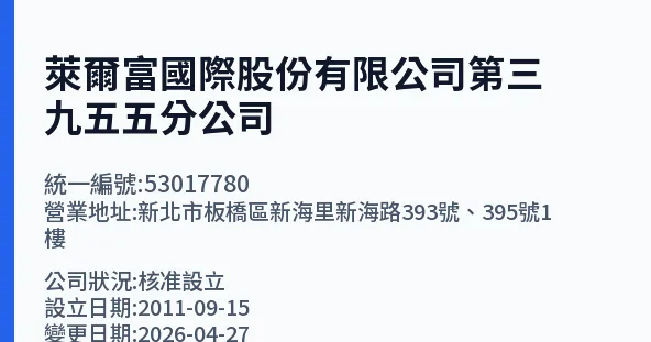 萊爾富國際股份有限公司第三九五五分公司的照片-統編 53017780(新北市) 公司登記資料與營業項目詳細圖表