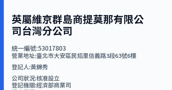 英屬維京群島商提莫那有限公司台灣分公司的照片-統編 53017803(臺北市) 公司登記資料與營業項目詳細圖表