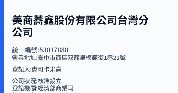 美商蕎鑫股份有限公司台灣分公司的照片-統編 53017888(臺中市) 公司登記資料與營業項目詳細圖表