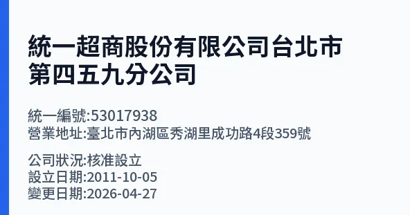 統一超商股份有限公司台北市第四五九分公司的照片-統編 53017938(臺北市) 公司登記資料與營業項目詳細圖表