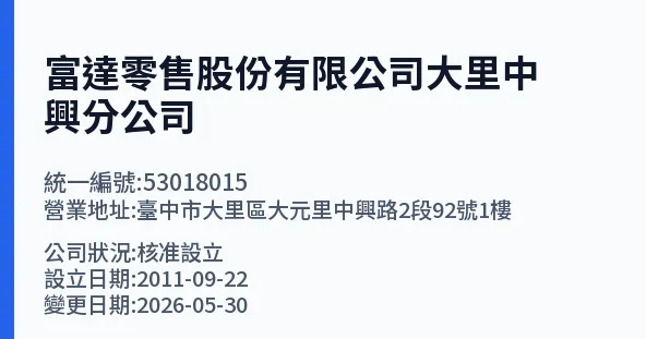 富達零售股份有限公司大里中興分公司的照片-統編 53018015(臺中市) 公司登記資料與營業項目詳細圖表