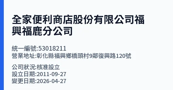 全家便利商店股份有限公司福興福鹿分公司的照片-統編 53018211(彰化縣) 公司登記資料與營業項目詳細圖表