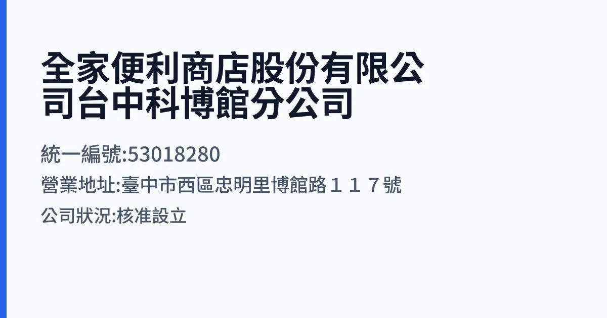 全家便利商店股份有限公司台中科博館分公司 - 統編 53018280(臺中市) 公司登記資料與營業項目詳細圖表