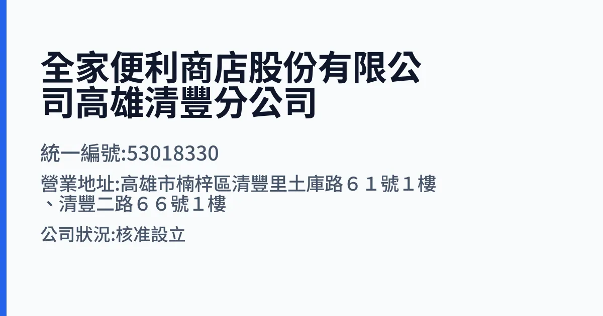 全家便利商店股份有限公司高雄清豐分公司 - 統編 53018330(高雄市) 公司登記資料與營業項目詳細圖表