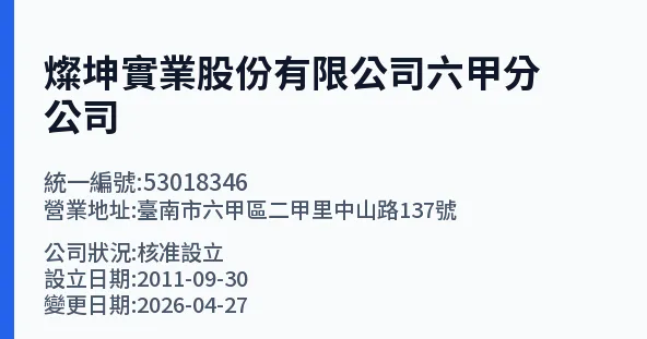 燦坤實業股份有限公司六甲分公司的照片-統編 53018346(臺南市) 公司登記資料與營業項目詳細圖表