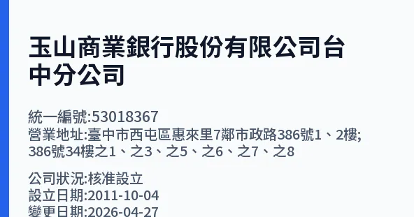 玉山商業銀行股份有限公司台中分公司的照片-統編 53018367(臺中市) 公司登記資料與營業項目詳細圖表
