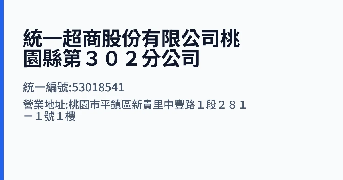 統一超商股份有限公司桃園縣第302分公司 - 統編 53018541(桃園市) 公司登記資料與營業項目詳細圖表