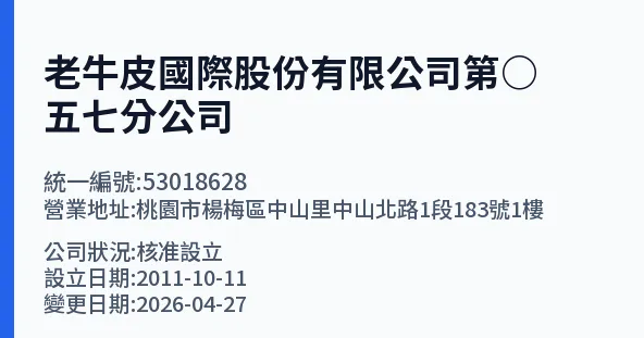 老牛皮國際股份有限公司第○五七分公司的照片-統編 53018628(桃園市) 公司登記資料與營業項目詳細圖表