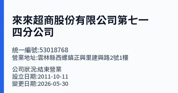 來來超商股份有限公司第七一四分公司的照片-統編 53018768(雲林縣) 公司登記資料與營業項目詳細圖表