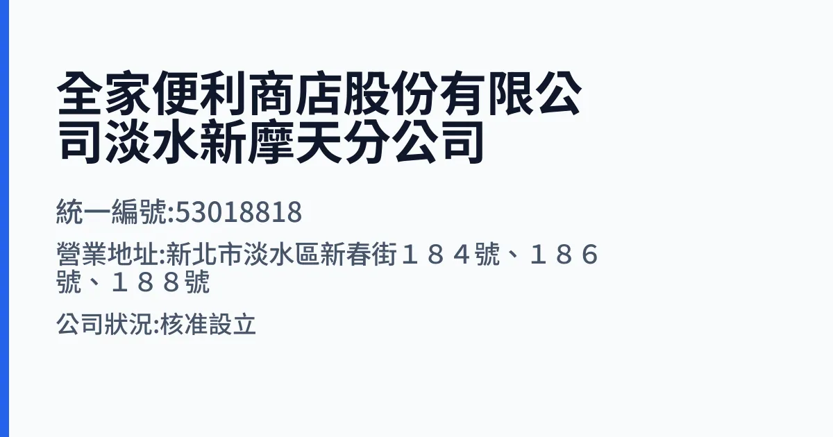 全家便利商店股份有限公司淡水新摩天分公司 - 統編 53018818(新北市) 公司登記資料與營業項目詳細圖表