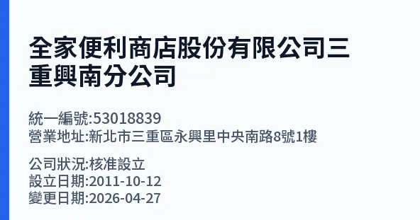 全家便利商店股份有限公司三重興南分公司的照片-統編 53018839(新北市) 公司登記資料與營業項目詳細圖表